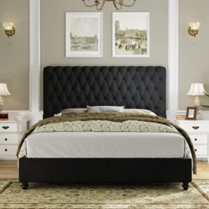 PaPaJet Bed Frame King Size Velvet Upholstered Sleigh Bed Platform with Deep Button Tufted Rolled Edge Headboard, Wood Slats Support/No Box Spring Needed/Black