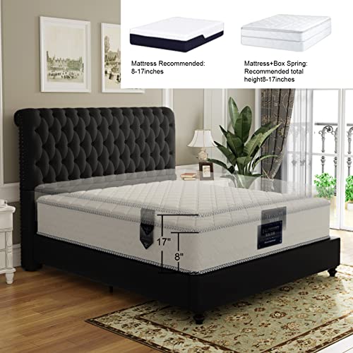 PaPaJet Bed Frame King Size Velvet Upholstered Sleigh Bed Platform with Deep Button Tufted Rolled Edge Headboard, Wood Slats Support/No Box Spring Needed/Black