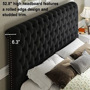 PaPaJet Bed Frame King Size Velvet Upholstered Sleigh Bed Platform with Deep Button Tufted Rolled Edge Headboard, Wood Slats Support/No Box Spring Needed/Black