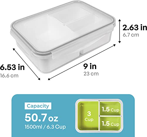 carrotez Food Storage Container with 3 Removable Compartments, Food Prep Container with Airtight Lids, Portion Control Container, Reusable, BPA Free, 6.3 Cup (1500ml)