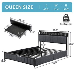 BTHFST LED Bed Frame Queen Size with Storage Drawers, Upholstered Metal Platform Bed Frame with USB Ports & Charging Outlets, No Squeak, Verticle Channel Tufted Headboard & Footboard, Dark Gray