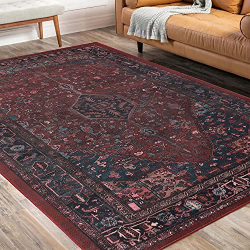 BNM Southwestern Medallion Border Area Rug with Cotton Backing, Washable, Perfect for Bedroom, Kitchen, Playrooms, Dining Room, and Entryway, Pet and Kid Friendly, Floor Covering, 5' x 7', Red