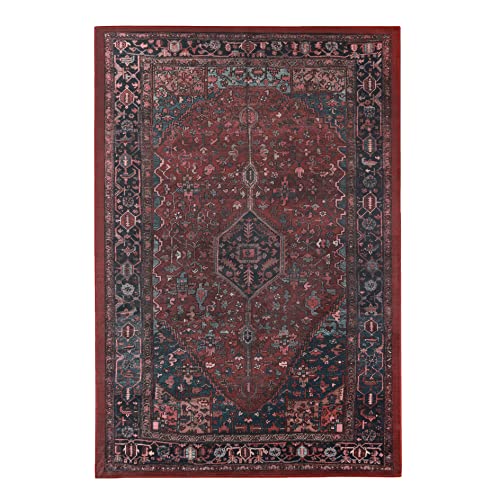 BNM Southwestern Medallion Border Area Rug with Cotton Backing, Washable, Perfect for Bedroom, Kitchen, Playrooms, Dining Room, and Entryway, Pet and Kid Friendly, Floor Covering, 5' x 7', Red