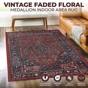 BNM Southwestern Medallion Border Area Rug with Cotton Backing, Washable, Perfect for Bedroom, Kitchen, Playrooms, Dining Room, and Entryway, Pet and Kid Friendly, Floor Covering, 5' x 7', Red