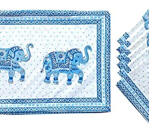 FIKIMOS Hand Block 100% Cotton Indian Style Theme Dining Table Mats and Napkins Set of 6 Place-mats Runners (Blue-03)