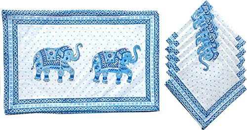 FIKIMOS Hand Block 100% Cotton Indian Style Theme Dining Table Mats and Napkins Set of 6 Place-mats Runners (Blue-03)