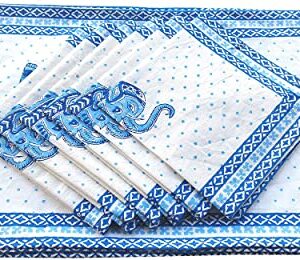 FIKIMOS Hand Block 100% Cotton Indian Style Theme Dining Table Mats and Napkins Set of 6 Place-mats Runners (Blue-03)