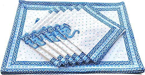 FIKIMOS Hand Block 100% Cotton Indian Style Theme Dining Table Mats and Napkins Set of 6 Place-mats Runners (Blue-03)