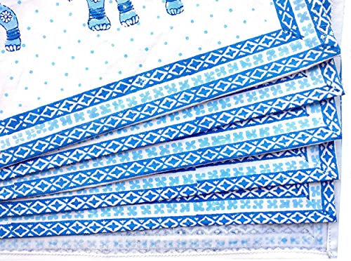 FIKIMOS Hand Block 100% Cotton Indian Style Theme Dining Table Mats and Napkins Set of 6 Place-mats Runners (Blue-03)