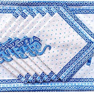 FIKIMOS Hand Block 100% Cotton Indian Style Theme Dining Table Mats and Napkins Set of 6 Place-mats Runners (Blue-03)