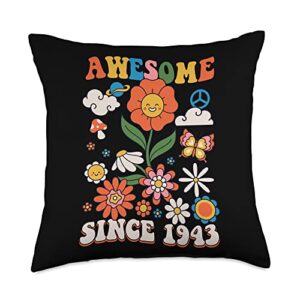 80th birthday gifts for women apparel groovy co. 80 year old awesome since 1943 groovy retro 80th birthday throw pillow, 18x18, multicolor