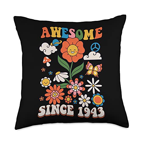 80th Birthday Gifts For Women Apparel Groovy Co. 80 Year Old Awesome Since 1943 Groovy Retro 80th Birthday Throw Pillow, 18x18, Multicolor