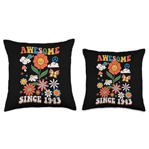 80th Birthday Gifts For Women Apparel Groovy Co. 80 Year Old Awesome Since 1943 Groovy Retro 80th Birthday Throw Pillow, 18x18, Multicolor