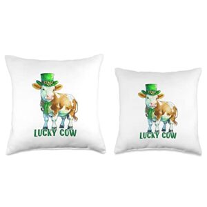 St Patrick's Day Lucky Animals Lucky St. Patricks Day Cow with a Leprechaun Hat Throw Pillow, 16x16, Multicolor