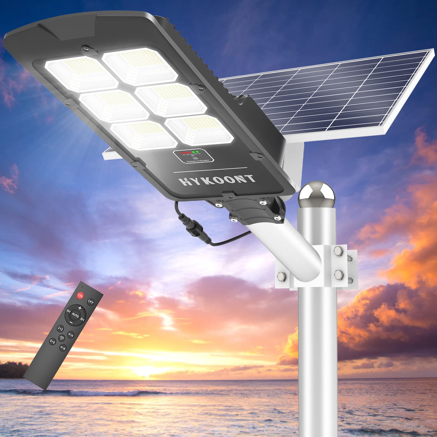 HYKOONT 1000W Solar Street Lights Outdoor 60000 Lumens Dusk to Dawn Waterproof IP66 Motion Sensor Street Lights Solar Powered with Remote Control for Parking Lot, Stadium, Pathway