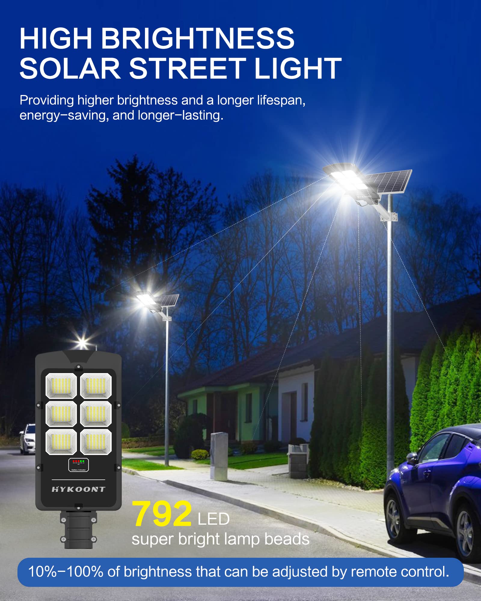 HYKOONT 1000W Solar Street Lights Outdoor 60000 Lumens Dusk to Dawn Waterproof IP66 Motion Sensor Street Lights Solar Powered with Remote Control for Parking Lot, Stadium, Pathway