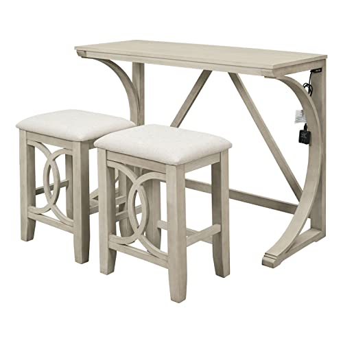 FRITHJILL 3-Piece Farmhouse Wood Counter Height Pub Dining Set, Included a Table with USB Ports and 2 Upholstered Stools