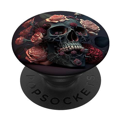 Skull And Roses Floral Black Dark Goth Horror Skull PopSockets Standard PopGrip