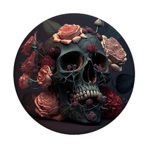 Skull And Roses Floral Black Dark Goth Horror Skull PopSockets Standard PopGrip