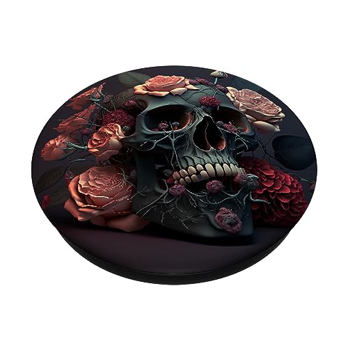 Skull And Roses Floral Black Dark Goth Horror Skull PopSockets Standard PopGrip