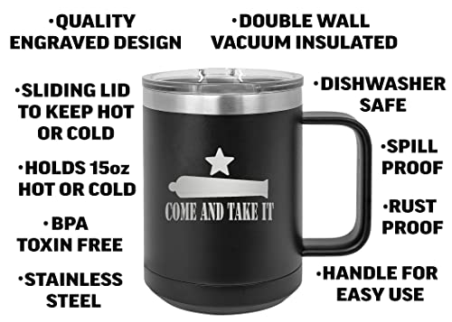 Rogue River Tactical USA Come and Take It Gonzalez Flag Texas Heavy Duty Stainless Steel Black Coffee Mug Tumbler With Lid Novelty Cup Great Gift Idea