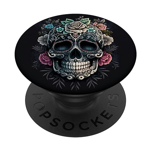 Sugar Skull Floral Pattern Flowers Black Skull PopSockets Standard PopGrip