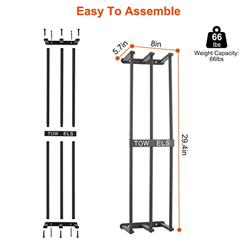 KOCASO Towel Rack Wall Mounted Towel Storage 75cm Bathroom Towel Holder Hold 6 Large Bath Sheets, 3 Bar Rail Bath Towel Racks, Bathroom Towel Storage Rack for Rolled Salon Towel