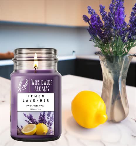 24 oz Hand Poured Lemon Lavender Scented Candle with 150 Hour Burn Time - Relaxing and Refreshing Essential Oil Aroma for Home Decor by Worldwide Aromas (Lemon Lavender)