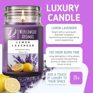 24 oz Hand Poured Lemon Lavender Scented Candle with 150 Hour Burn Time - Relaxing and Refreshing Essential Oil Aroma for Home Decor by Worldwide Aromas (Lemon Lavender)