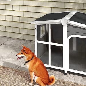 PawHut Cabin-Style Wooden Dog House for Large Dogs Outside with Openable Roof & Giant Window, Big Dog House Outdoor & Indoor, Asphalt Roof, Gray