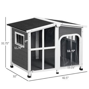 PawHut Cabin-Style Wooden Dog House for Large Dogs Outside with Openable Roof & Giant Window, Big Dog House Outdoor & Indoor, Asphalt Roof, Gray