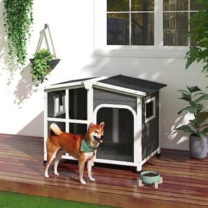 PawHut Cabin-Style Wooden Dog House for Large Dogs Outside with Openable Roof & Giant Window, Big Dog House Outdoor & Indoor, Asphalt Roof, Gray