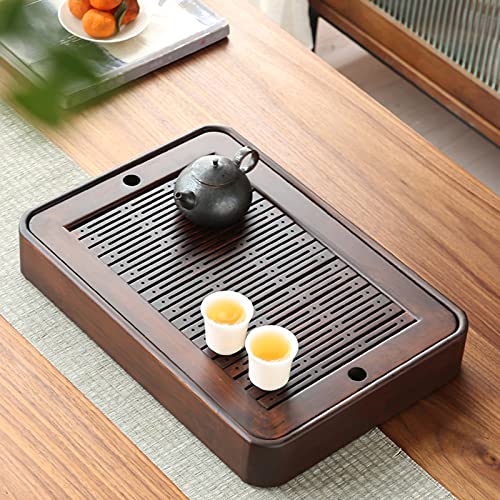 Tea Tray, with Non‑Slip Pads, Bamboo Rectangular Serving Draining Board, Tea Serving Tray with Drip Plate, for Home Hotel Tea Room, Tea Accessory