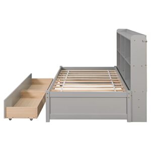 HomSof Twin Bed with Side Bookcase, Drawers,Gray