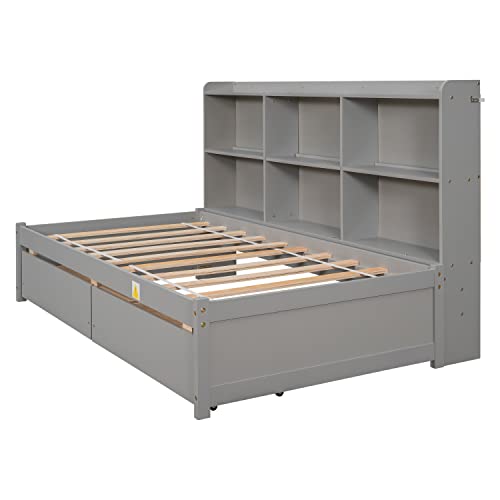 HomSof Twin Bed with Side Bookcase, Drawers,Gray