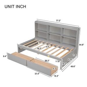 HomSof Twin Bed with Side Bookcase, Drawers,Gray