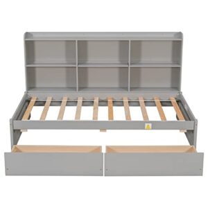 HomSof Twin Bed with Side Bookcase, Drawers,Gray