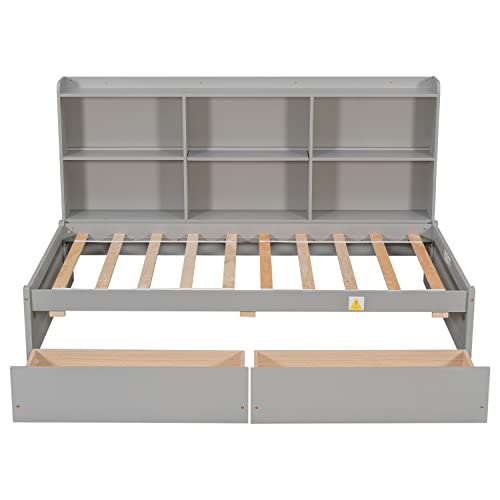 HomSof Twin Bed with Side Bookcase, Drawers,Gray