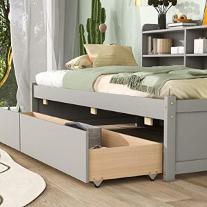 HomSof Twin Bed with Side Bookcase, Drawers,Gray