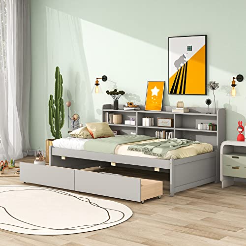 HomSof Twin Bed with Side Bookcase, Drawers,Gray