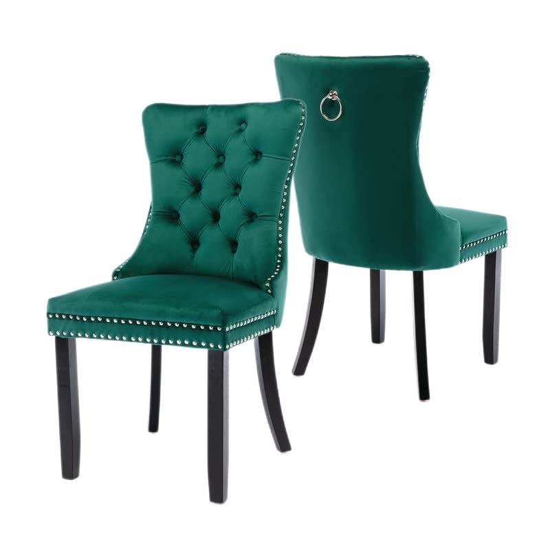 ayoodfo Velvet Dining Chair Set of 2, Upholstered Dining Room Chairs with Nailhead Trim and Back Ring Pull, Modern Luxury Tufted Dining Chairs for Kitchen, Dinning Room, Green