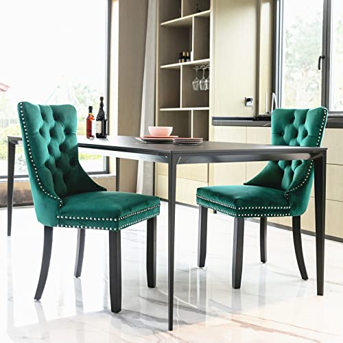 ayoodfo Velvet Dining Chair Set of 2, Upholstered Dining Room Chairs with Nailhead Trim and Back Ring Pull, Modern Luxury Tufted Dining Chairs for Kitchen, Dinning Room, Green