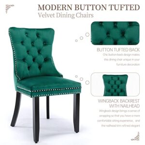 ayoodfo Velvet Dining Chair Set of 2, Upholstered Dining Room Chairs with Nailhead Trim and Back Ring Pull, Modern Luxury Tufted Dining Chairs for Kitchen, Dinning Room, Green