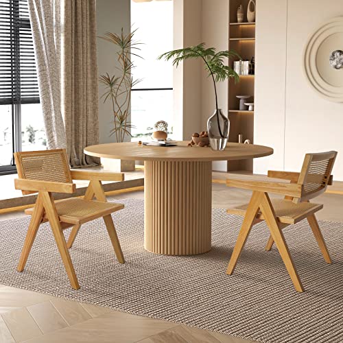 comfy to go Rattan Dining Chairs Set of 6, Wooden Armchair Cane Kitchen Chairs with Arms, Light Walnut Color