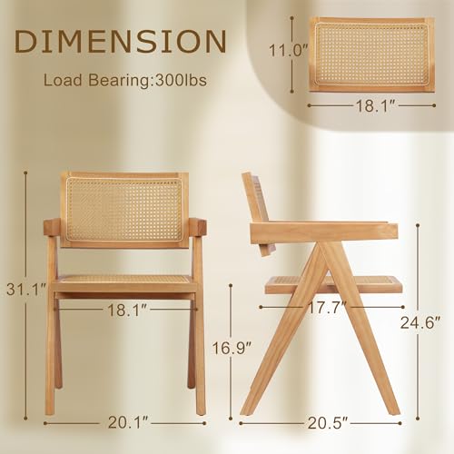 comfy to go Rattan Dining Chairs Set of 6, Wooden Armchair Cane Kitchen Chairs with Arms, Light Walnut Color