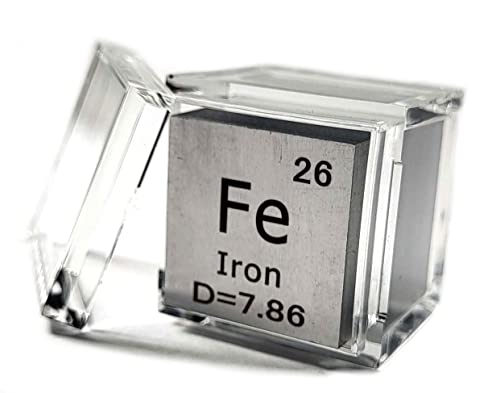 HQRP-Crystal 1" 25.4mm Iron Ferrum Metal Cube Fe up to 99.9% Pure Periodic Table Element Engraved Density Collection Science Education Display Block Cube + Acrylic Case Box - 1PC