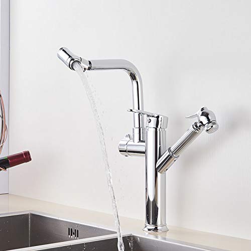 OMOONS Kitchen Taps Chrome Short or Tall Hot Cold Mixer Kitchen Facuets with Spray Gun, 360 Degree Rotation Modern Design Deck Mount Water Mixer Tap Kitchen Faucet/Chrome B