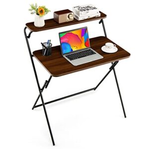 czdyuf 2 tier folding computer desk laptop desk home office no assemble brown desk