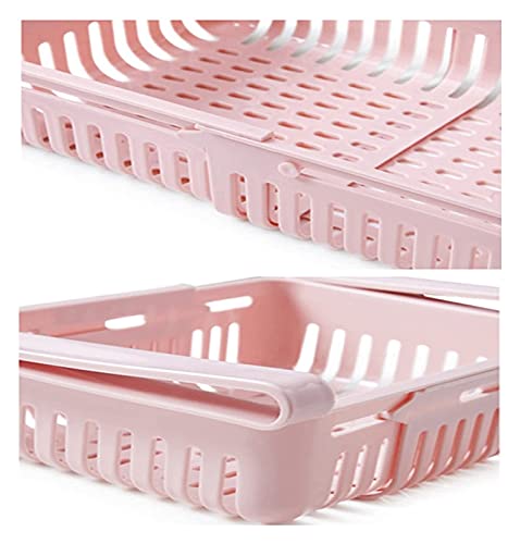 TIST Retractable Fridge Drawer Organizer Basket, Vegetable Drain Basket Fruit Cleaning Storage Box Fridge Hanging Organizer (Color : Pink)