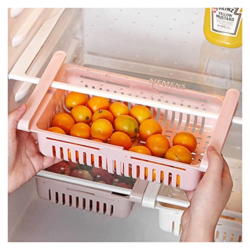 TIST Retractable Fridge Drawer Organizer Basket, Vegetable Drain Basket Fruit Cleaning Storage Box Fridge Hanging Organizer (Color : Pink)